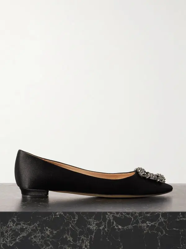 Manolo Blahnik Hangisi Crystal-embellished Satin Pointed Toe Flats - Black