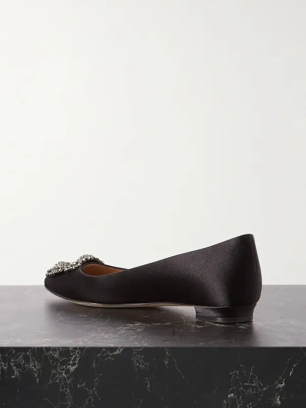 Manolo Blahnik Hangisi Crystal-embellished Satin Pointed Toe Flats - Black