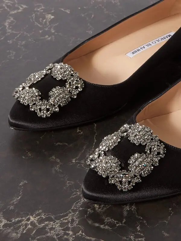 Manolo Blahnik Hangisi Crystal-embellished Satin Pointed Toe Flats - Black