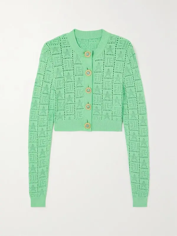 Balmain Cropped Pointelle-knit Cardigan - Blue