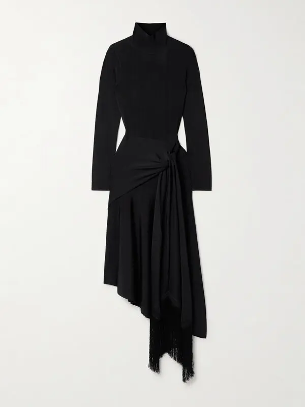 Adam Lippes Asymmetric Draped Fringed Stretch-knit Midi Dress - Black