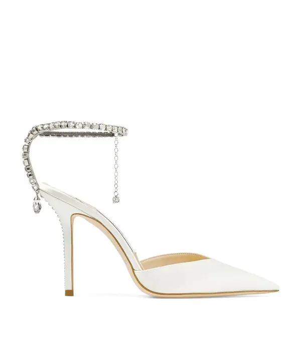 JIMMY CHOO Saeda 100 Satin Pumps With Crystal Ankle Strap - Ivory