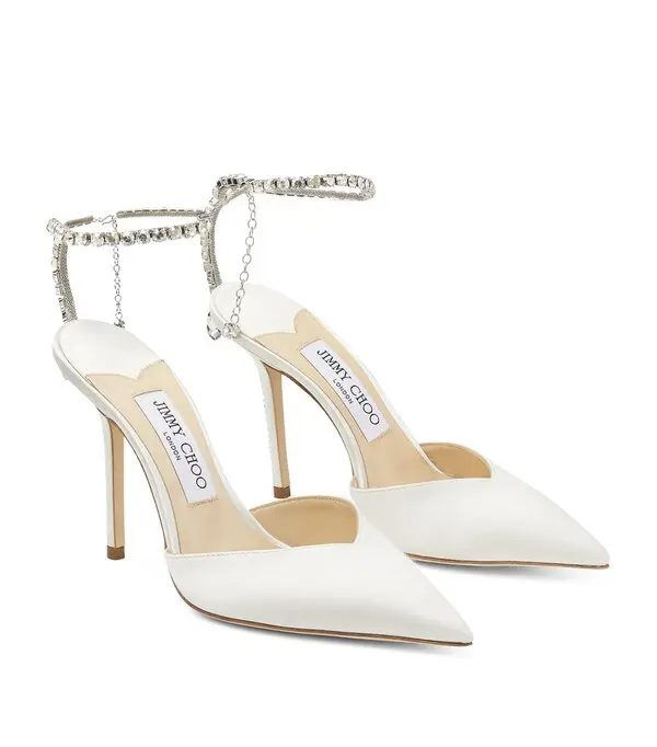 JIMMY CHOO Saeda 100 Satin Pumps With Crystal Ankle Strap - Ivory