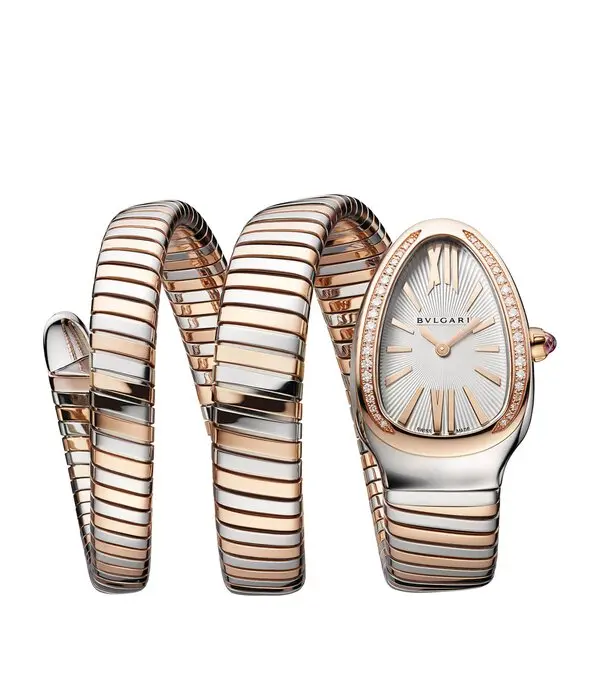 BVLGARI Rose Gold And Stainless Steel Serpenti Tubogas Watch With Diamond And Rubellite - Grey