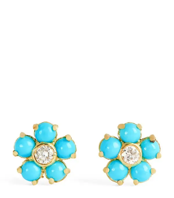 JENNIFER MEYER Yellow Diamond And Turquoise Flower Stud Earrings - Gold