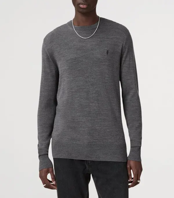 ALLSAINTS Merino Wool Crew Neck Sweater With Ramskull Motif - Grey