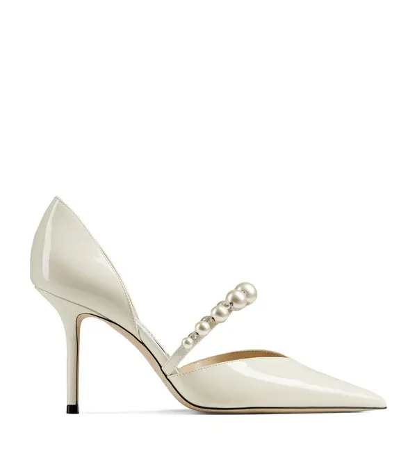 JIMMY CHOO Aurelie 85 Patent Pumps With Pearl Embellishment - White