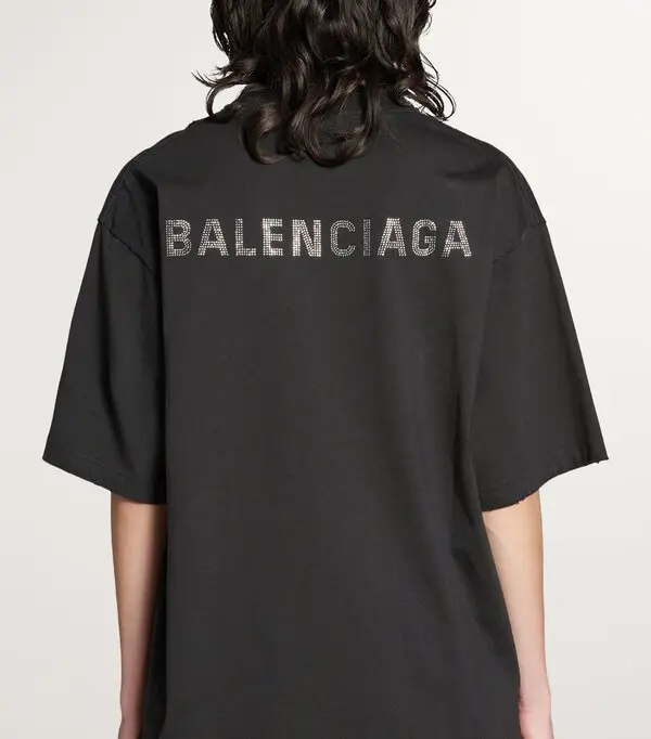 Balenciaga Distressed Rhinestone Logo T-shirt