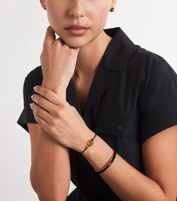 Tory Burch Leather Slider Bracelet With Double T Charm - Gold