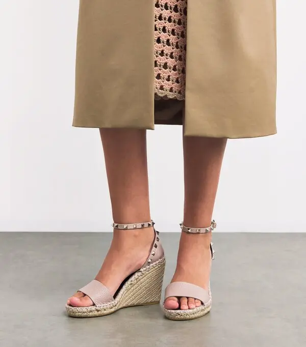 Valentino Garavani Leather Rockstud Espadrille Wedge Sandals