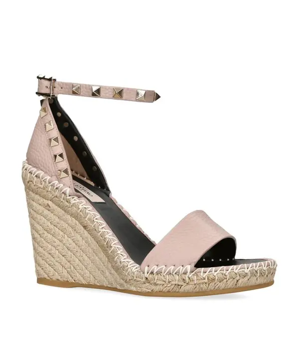 Valentino Garavani Leather Rockstud Espadrille Wedge Sandals