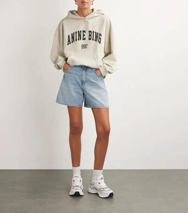 ANINE BING Harvey Textured Logo Cotton Hoodie - Grey