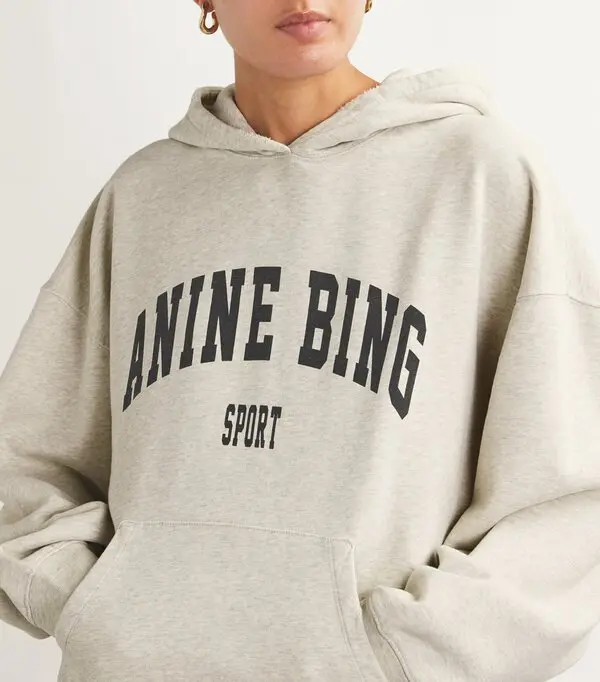 ANINE BING Harvey Textured Logo Cotton Hoodie - Grey