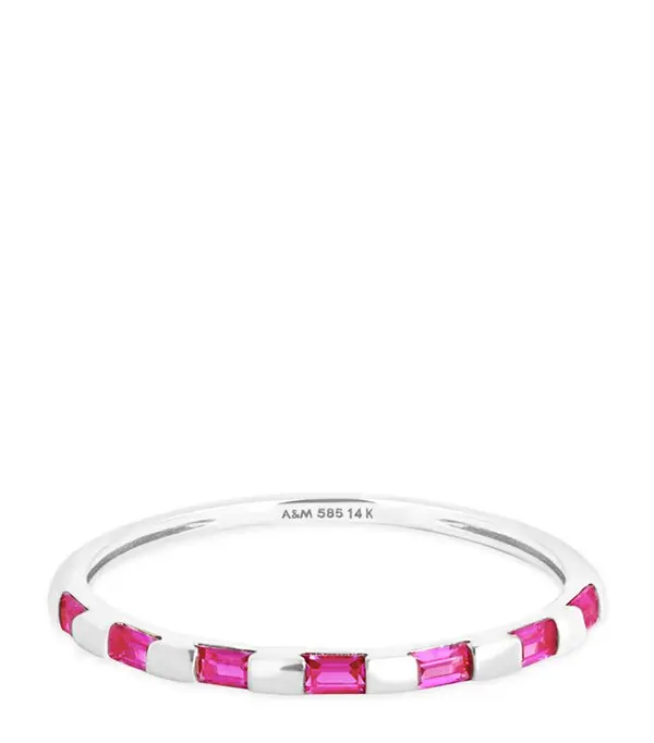 ASTRID & MIYU 14 Karat White Gold Pink Sapphire Baguette Ring - Silver