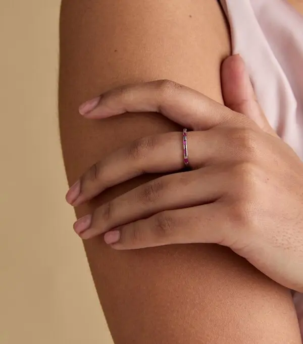 ASTRID & MIYU 14 Karat White Gold Pink Sapphire Baguette Ring