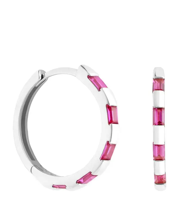 ASTRID & MIYU White Gold And Pink Sapphire Baguette Hoop Earrings - Silver