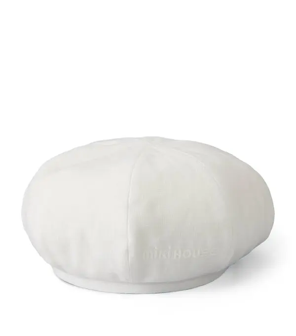 MIKI HOUSE Linen Embroidered Logo Beret - White