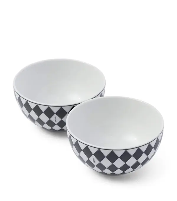 Prada Set Of 2 Porcelain Chequerboard Rice Bowls - White