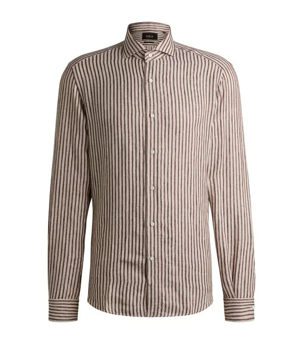 BOSS Linen Striped Shirt - Brown