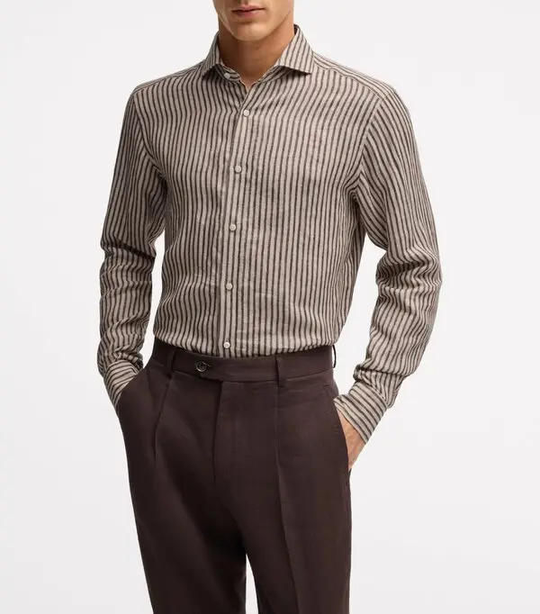 BOSS Linen Striped Shirt - Brown