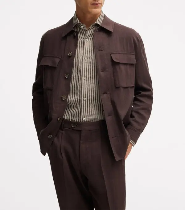 BOSS Linen Striped Shirt - Brown