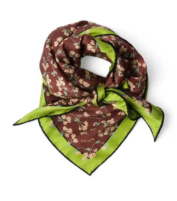 Prada Silk Twill Floral Print Scarf - Brown