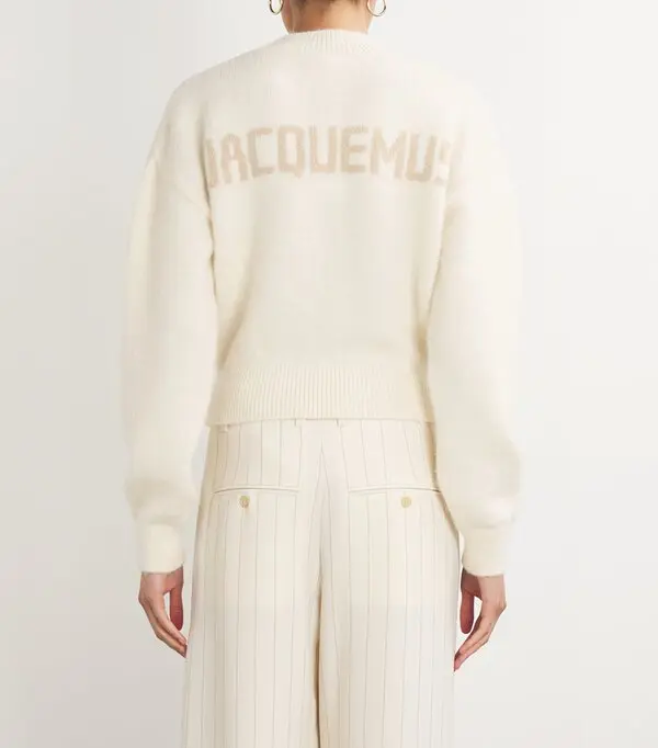 Jacquemus Alpaca Wool-blend Cropped Sweater With Logo Detail - Ivory