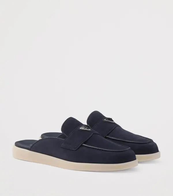 Prada Suede Triangle Mules - Blue
