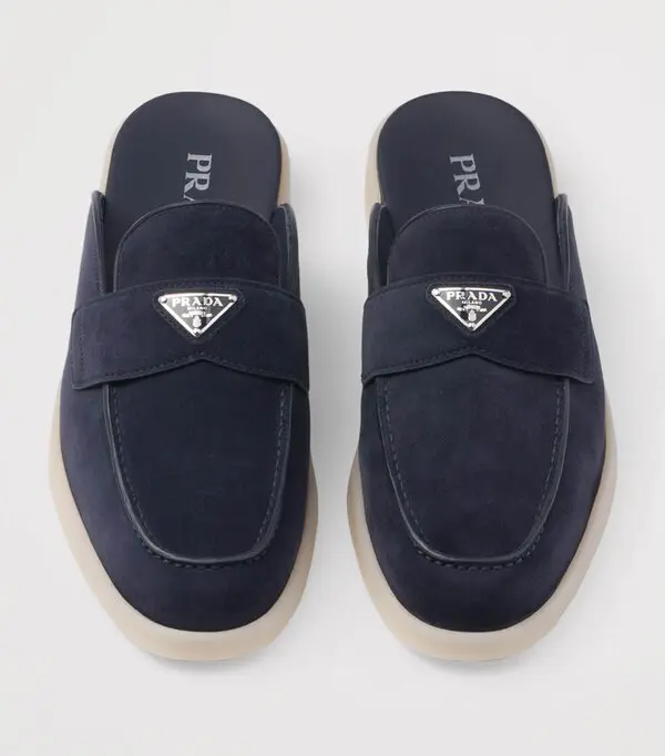 Prada Suede Triangle Mules - Blue