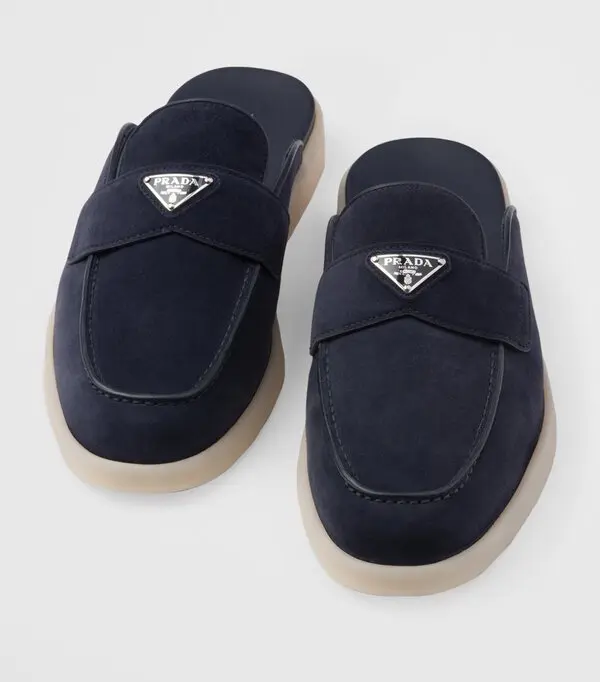 Prada Suede Triangle Mules - Blue