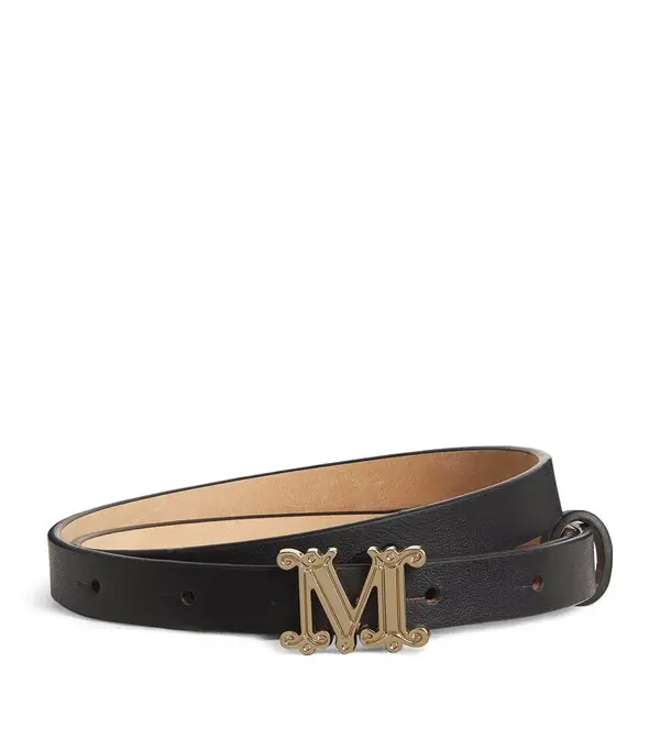 Max Mara Leather Monogram Belt With Gold-tone Buckle - Black