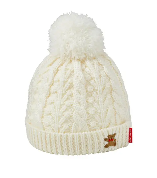 MIKI HOUSE Wool-blend Cable-knit Beanie With Pom-pom - Ivory