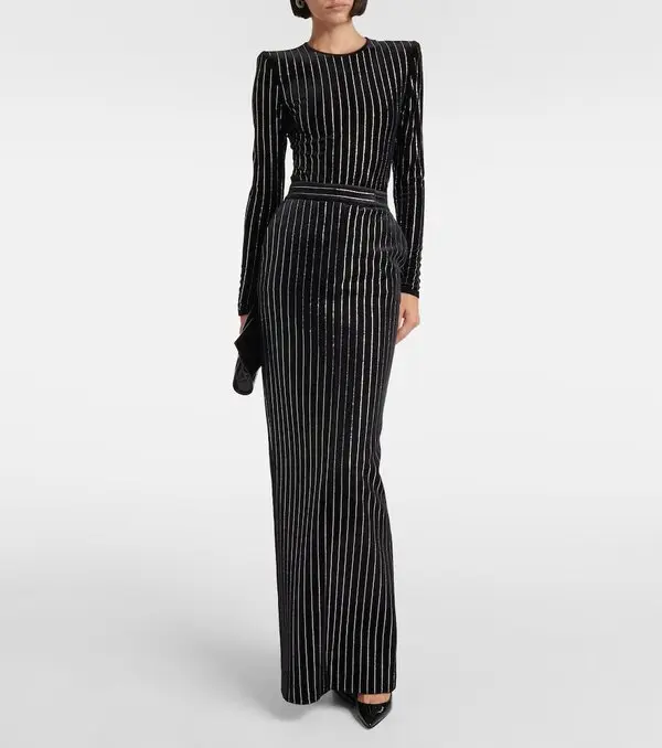 Alex Perry Column Embellished Pinstripe Velvet Maxi Skirt