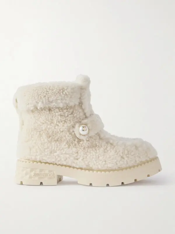JIMMY CHOO Shea Faux Pearl Embellished Shearling Ankle Boots