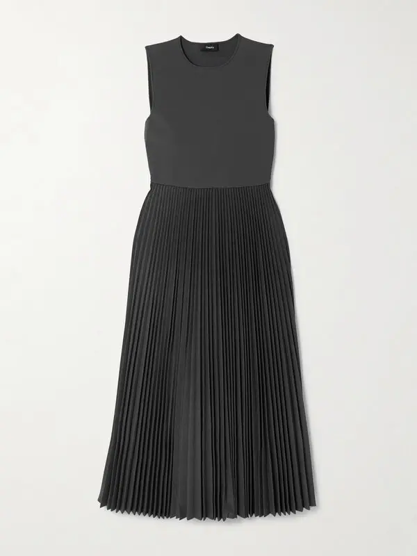 Theory Pleated Stretch-knit And Satin-crepe Midi Dress - Gray