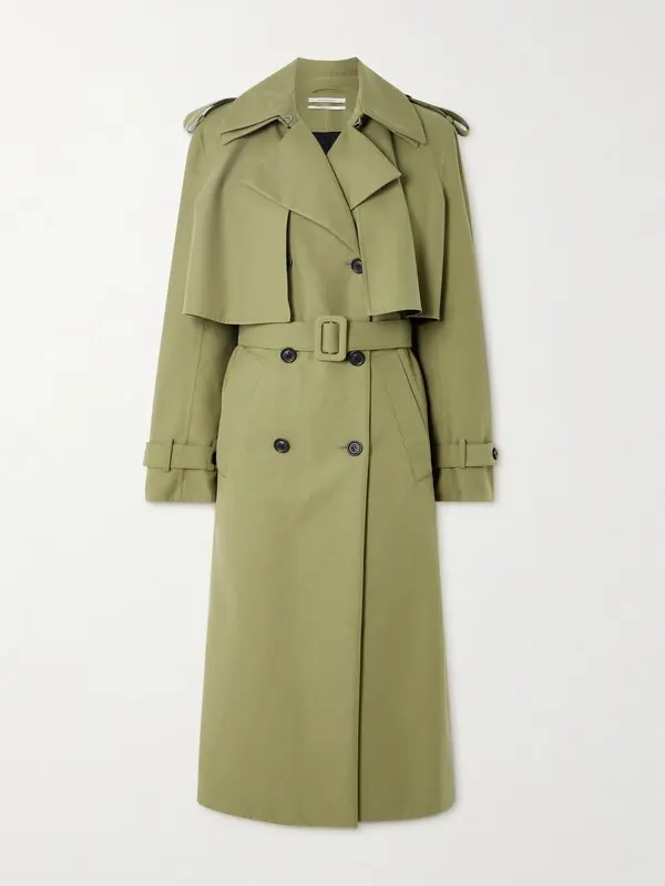 Another Tomorrow Convertible Belted Double-breasted Cotton Twill Trench Coat - Green