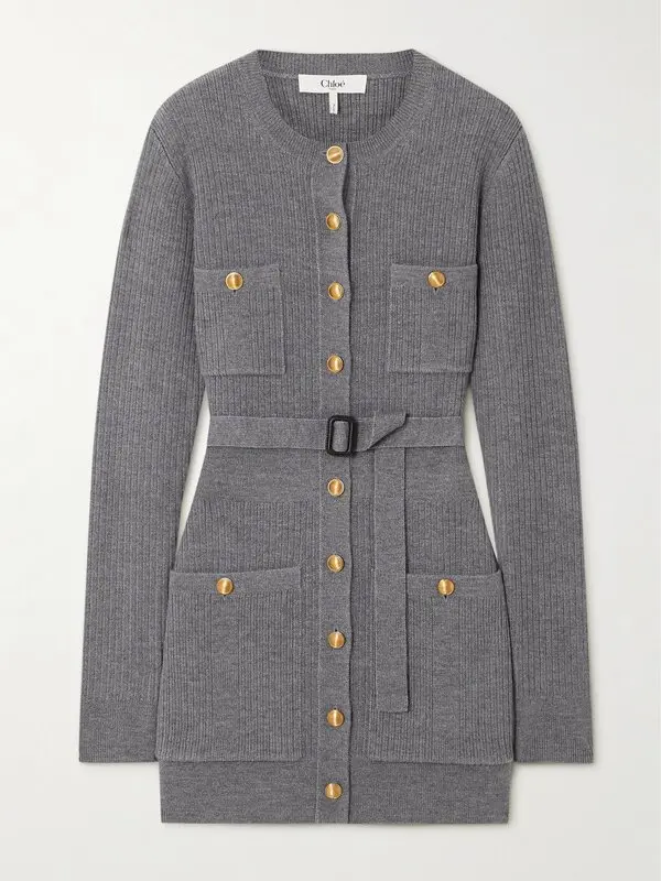 Chloé Ribbed Wool-blend Belted Mini Dress With Gold-tone Buttons