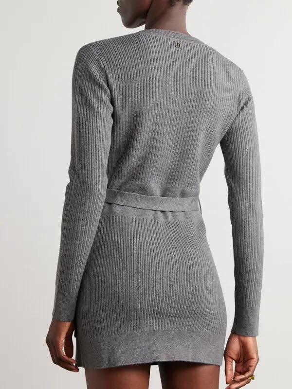 Chloé Ribbed Wool-blend Belted Mini Dress With Gold-tone Buttons