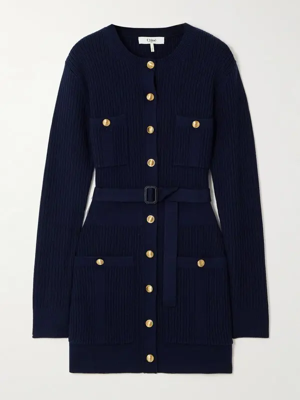 Chloé Belted Ribbed Wool-blend Mini Dress - Blue