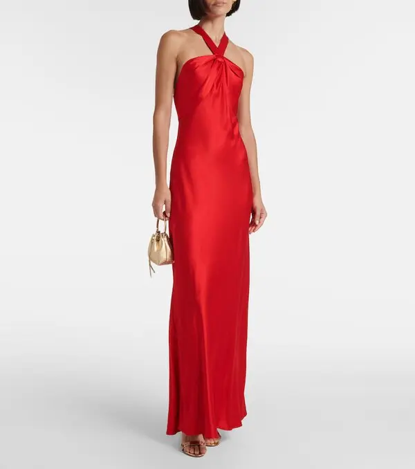 Rixo Halterneck Satin Gown - Red