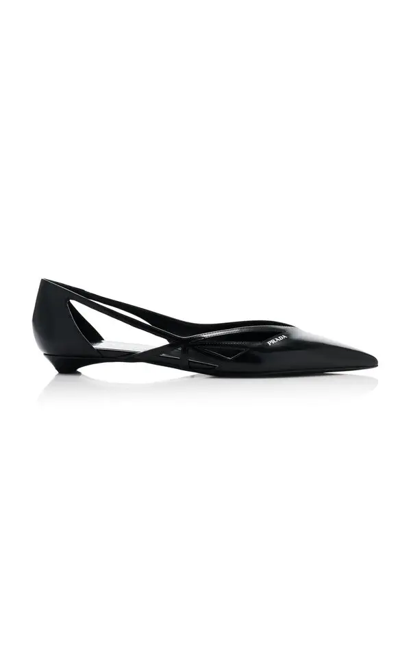 Prada Leather Laser-cut Pointed Toe Flats - Black