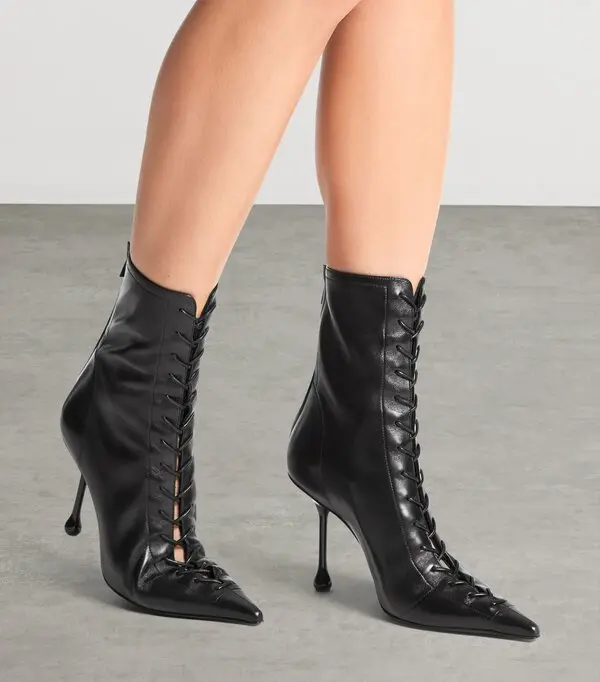 JIMMY CHOO Scarlett 95 Lace Up Leather Pointed Toe Stiletto Heel Ankle Boots