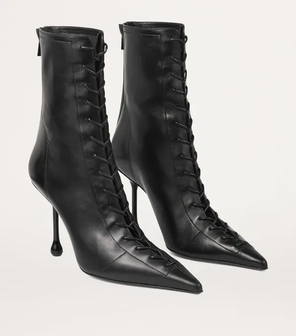 JIMMY CHOO Scarlett 95 Lace Up Leather Pointed Toe Stiletto Heel Ankle Boots
