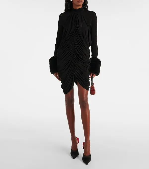 Magda Butrym Ruched Faux Shearling Trimmed Mini Dress