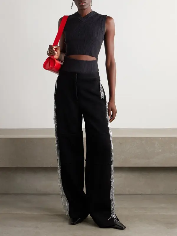 JIL SANDER Embellished Fringed Woven Wide-leg Pants