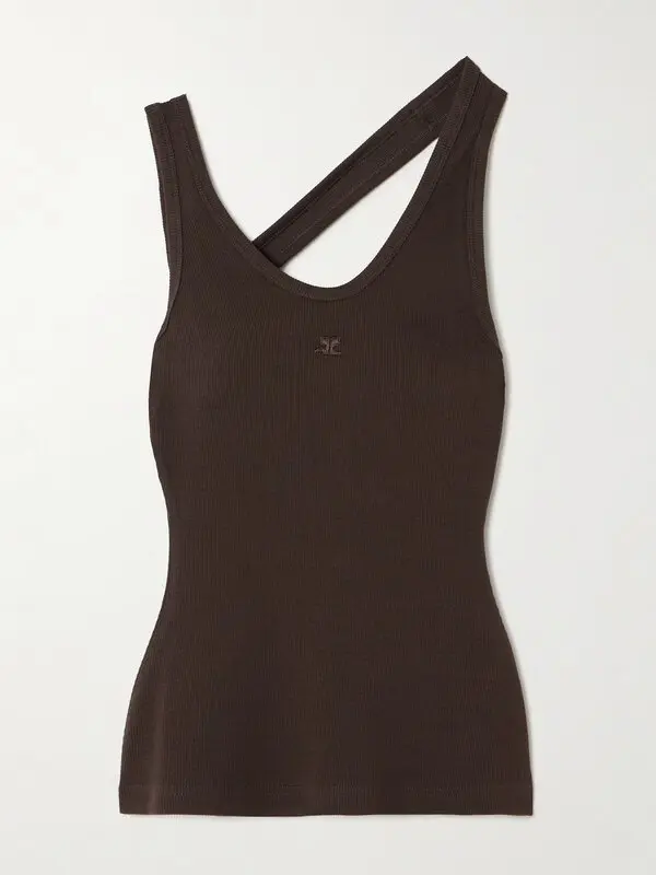COURREGES Courrèges Asymmetric Embroidered Ribbed Stretch Cotton-jersey Tank - Brown