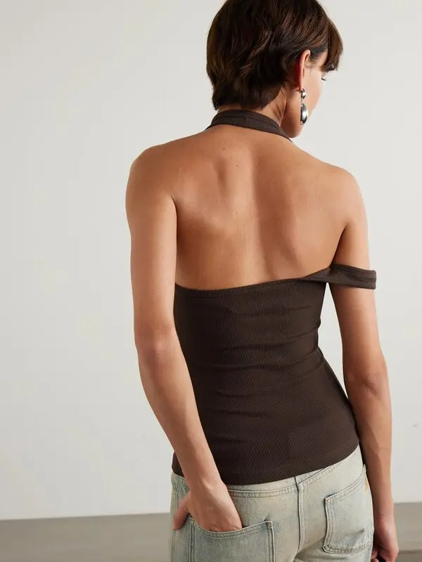 COURREGES Courrèges Asymmetric Embroidered Ribbed Stretch Cotton-jersey Tank