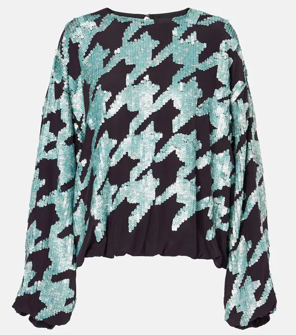 Dries Van Noten Sequined Houndstooth Silk Sweatshirt - Blue