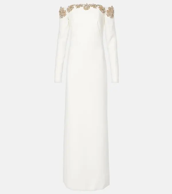 Costarellos Meline Embellished Crepe Gown - White