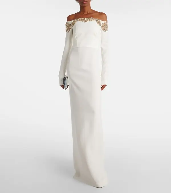 Costarellos Meline Embellished Crepe Gown - White